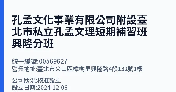 孔孟文化事業有限公司附設臺北市私立孔孟文理短期補習班興隆分班的照片-統編 00569627(臺北市) 公司登記資料與營業項目詳細圖表