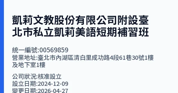 凱莉文教股份有限公司附設臺北市私立凱莉美語短期補習班的照片-統編 00569859(臺北市) 公司登記資料與營業項目詳細圖表