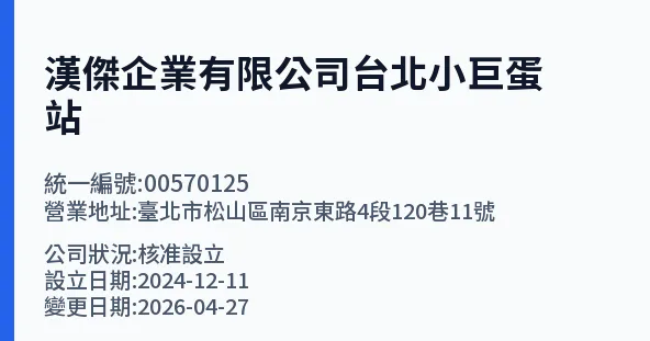 漢傑企業有限公司台北小巨蛋站的照片-統編 00570125(臺北市) 公司登記資料與營業項目詳細圖表