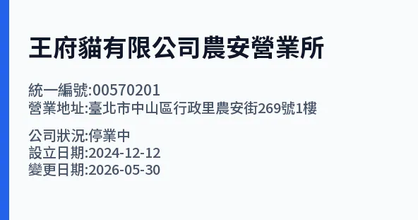 王府貓有限公司農安營業所的照片-統編 00570201(臺北市) 公司登記資料與營業項目詳細圖表