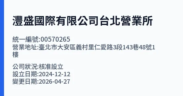 灃盛國際有限公司台北營業所的照片-統編 00570265(臺北市) 公司登記資料與營業項目詳細圖表