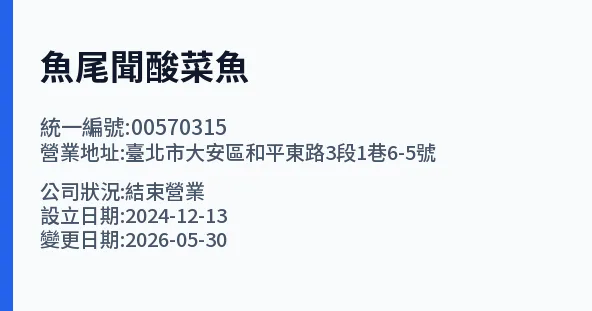 魚尾聞酸菜魚的照片-統編 00570315(臺北市) 公司登記資料與營業項目詳細圖表