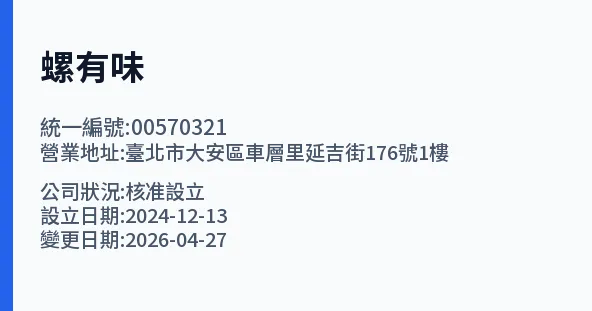 螺有味的照片-統編 00570321(臺北市) 公司登記資料與營業項目詳細圖表