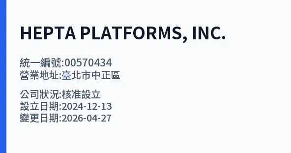 HEPTA PLATFORMS, INC.的照片-統編 00570434(臺北市) 公司登記資料與營業項目詳細圖表