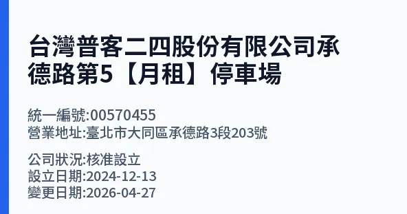 台灣普客二四股份有限公司承德路第5【月租】停車場的照片-統編 00570455(臺北市) 公司登記資料與營業項目詳細圖表