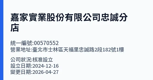 嘉家實業股份有限公司忠誠分店的照片-統編 00570552(臺北市) 公司登記資料與營業項目詳細圖表