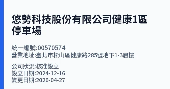 悠勢科技股份有限公司健康1區停車場的照片-統編 00570574(臺北市) 公司登記資料與營業項目詳細圖表
