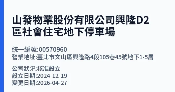 山發物業股份有限公司興隆D2區社會住宅地下停車場的照片-統編 00570960(臺北市) 公司登記資料與營業項目詳細圖表