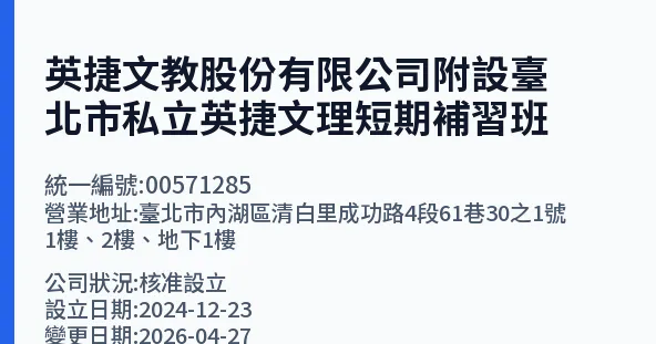 英捷文教股份有限公司附設臺北市私立英捷文理短期補習班的照片-統編 00571285(臺北市) 公司登記資料與營業項目詳細圖表