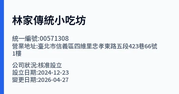 林家傳統小吃坊的照片-統編 00571308(臺北市) 公司登記資料與營業項目詳細圖表