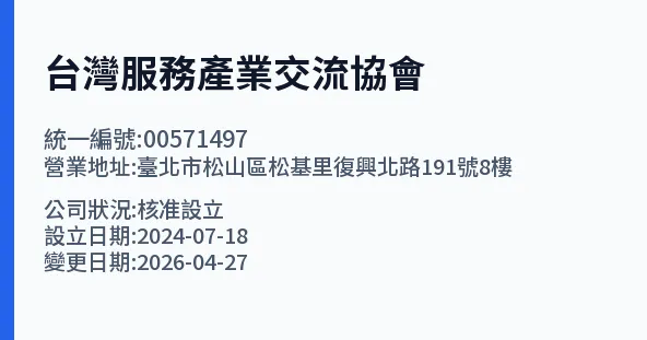 台灣服務產業交流協會的照片-統編 00571497(臺北市) 公司登記資料與營業項目詳細圖表