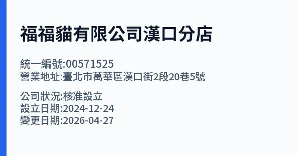 福福貓有限公司漢口分店的照片-統編 00571525(臺北市) 公司登記資料與營業項目詳細圖表