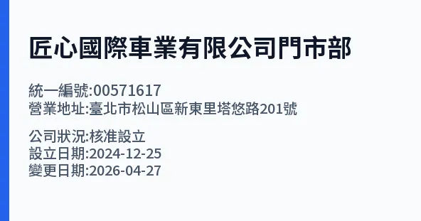 匠心國際車業有限公司門市部的照片-統編 00571617(臺北市) 公司登記資料與營業項目詳細圖表