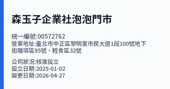 森玉子企業社泡泡門市的照片-統編 00572762(臺北市) 公司登記資料與營業項目詳細圖表