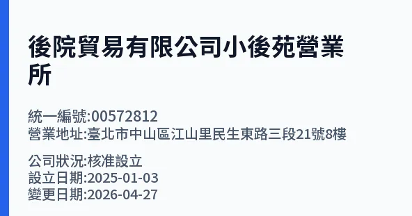 後院貿易有限公司小後苑營業所的照片-統編 00572812(臺北市) 公司登記資料與營業項目詳細圖表