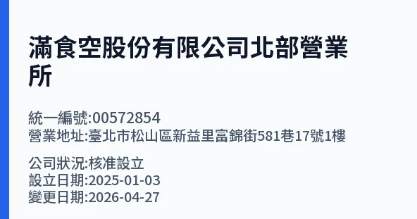 滿食空股份有限公司北部營業所的照片-統編 00572854(臺北市) 公司登記資料與營業項目詳細圖表