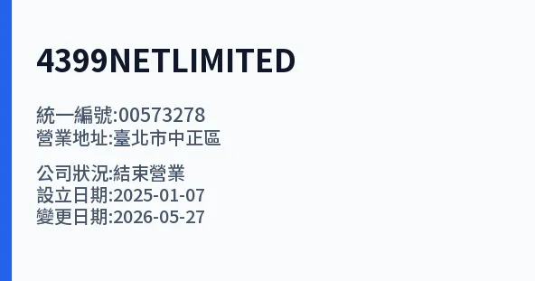 4399NETLIMITED的照片-統編 00573278(臺北市) 公司登記資料與營業項目詳細圖表