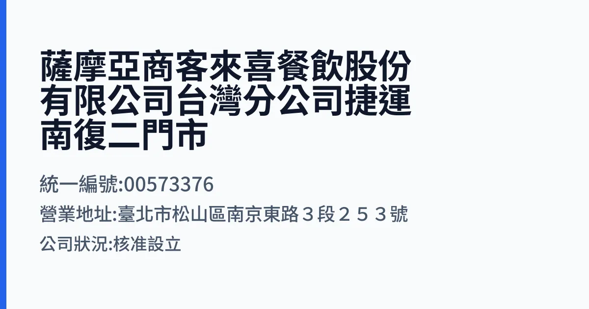 薩摩亞商客來喜餐飲股份有限公司台灣分公司捷運南復二門市 - 統編 00573376(臺北市) 公司登記資料與營業項目詳細圖表