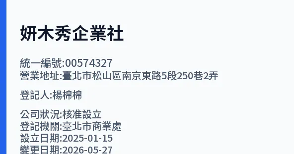 妍木秀企業社的照片-統編 00574327(臺北市) 公司登記資料與營業項目詳細圖表
