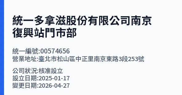 統一多拿滋股份有限公司南京復興站門市部的照片-統編 00574656(臺北市) 公司登記資料與營業項目詳細圖表