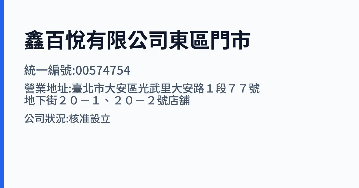 鑫百悅有限公司東區門市 - 統編 00574754(臺北市) 公司登記資料與營業項目詳細圖表