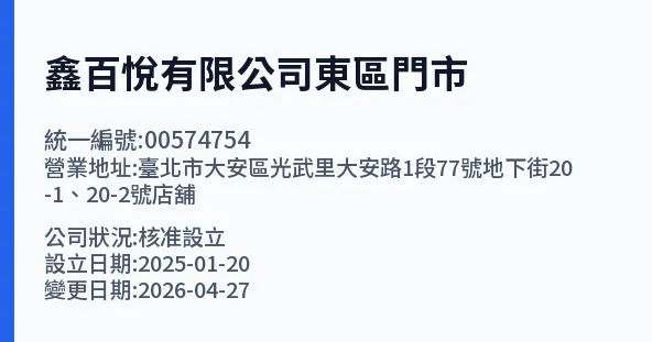 鑫百悅有限公司東區門市的照片-統編 00574754(臺北市) 公司登記資料與營業項目詳細圖表