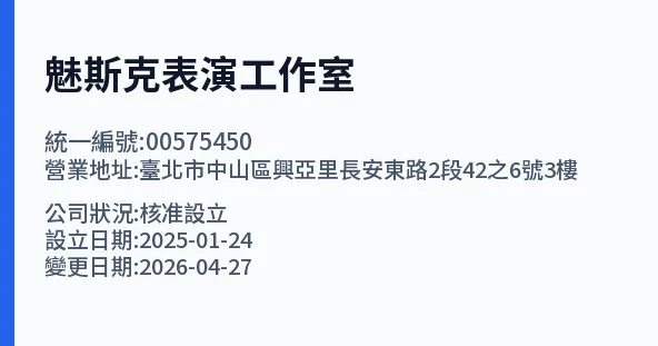 魅斯克表演工作室的照片-統編 00575450(臺北市) 公司登記資料與營業項目詳細圖表