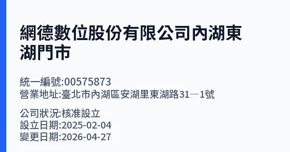 網德數位股份有限公司內湖東湖門市的照片-統編 00575873(臺北市) 公司登記資料與營業項目詳細圖表