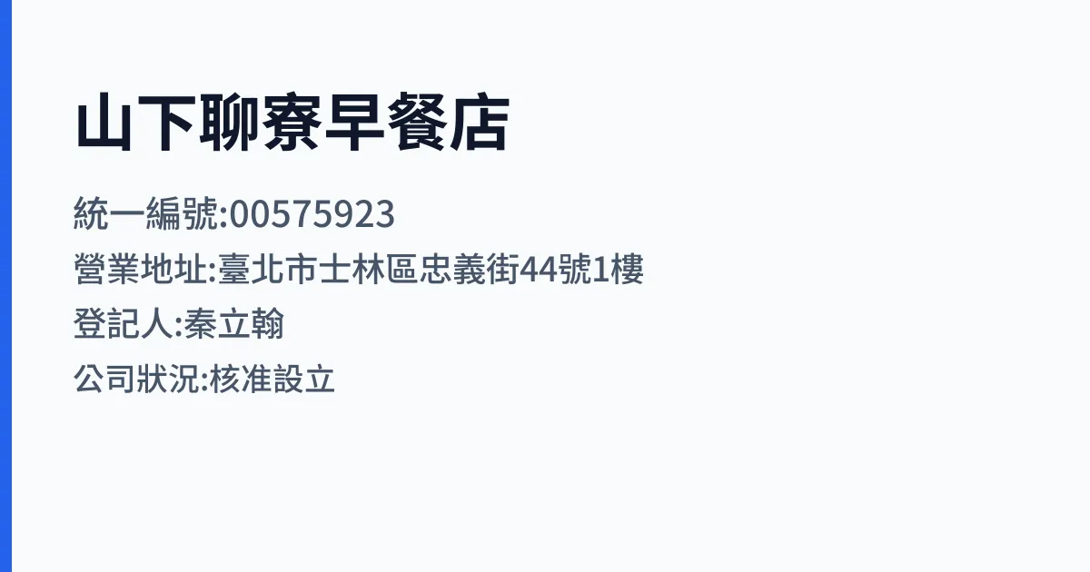 山下聊寮早餐店 - 統編 00575923(臺北市) 公司登記資料與營業項目詳細圖表