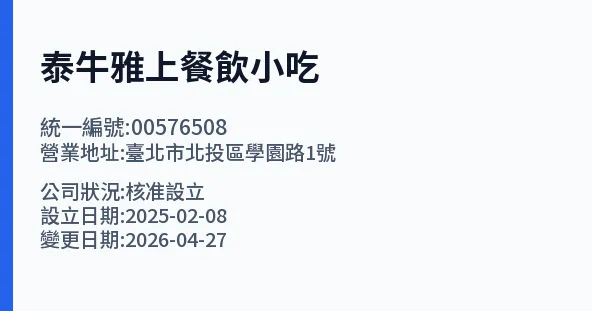 泰牛雅上餐飲小吃的照片-統編 00576508(臺北市) 公司登記資料與營業項目詳細圖表
