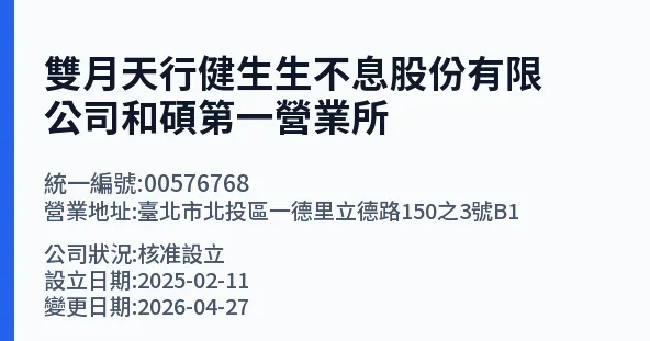 雙月天行健生生不息股份有限公司和碩第一營業所的照片-統編 00576768(臺北市) 公司登記資料與營業項目詳細圖表