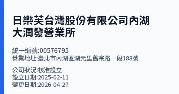 日樂芙台灣股份有限公司內湖大潤發營業所的照片-統編 00576795(臺北市) 公司登記資料與營業項目詳細圖表