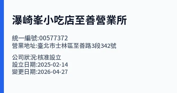 瀑崎峯小吃店至善營業所的照片-統編 00577372(臺北市) 公司登記資料與營業項目詳細圖表