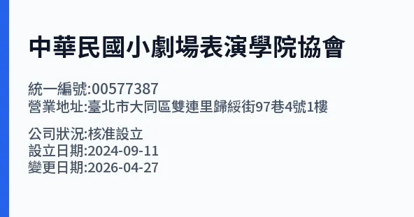 中華民國小劇場表演學院協會的照片-統編 00577387(臺北市) 公司登記資料與營業項目詳細圖表