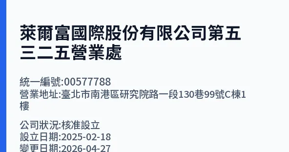 萊爾富國際股份有限公司第五三二五營業處的照片-統編 00577788(臺北市) 公司登記資料與營業項目詳細圖表