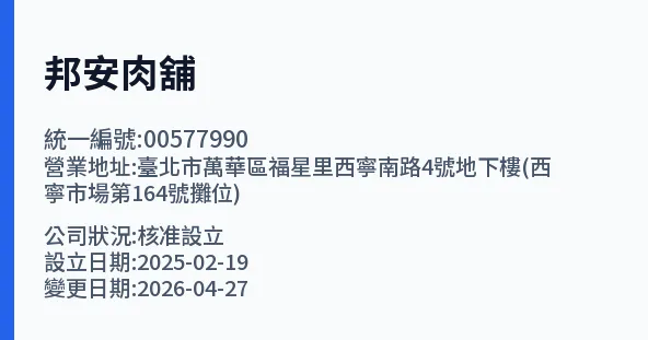 邦安肉舖的照片-統編 00577990(臺北市) 公司登記資料與營業項目詳細圖表