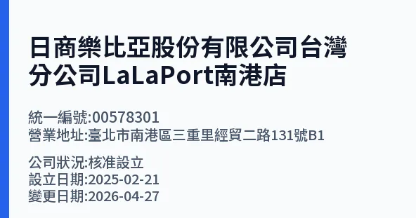 日商樂比亞股份有限公司台灣分公司LaLaPort南港店的照片-統編 00578301(臺北市) 公司登記資料與營業項目詳細圖表