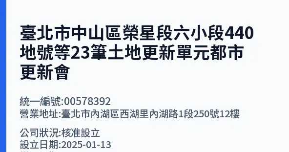 臺北市中山區榮星段六小段440地號等23筆土地更新單元都市更新會的照片-統編 00578392(臺北市) 公司登記資料與營業項目詳細圖表