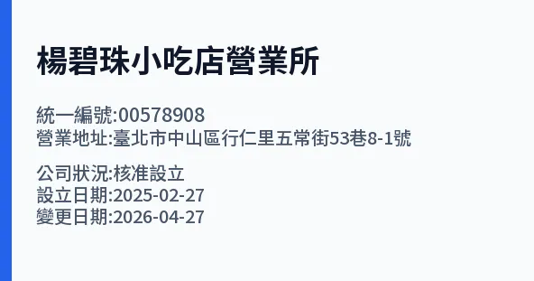 楊碧珠小吃店營業所的照片-統編 00578908(臺北市) 公司登記資料與營業項目詳細圖表