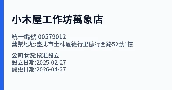 小木屋工作坊萬象店的照片-統編 00579012(臺北市) 公司登記資料與營業項目詳細圖表