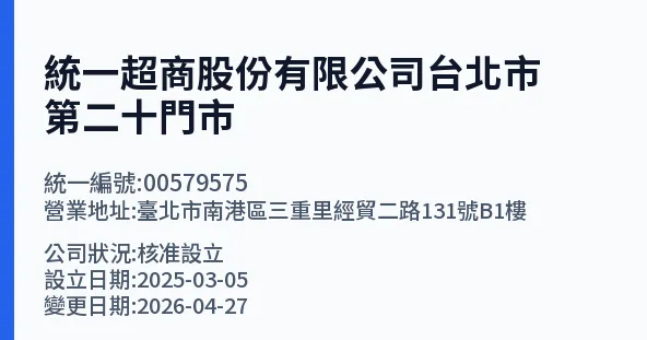 統一超商股份有限公司台北市第二十門市的照片-統編 00579575(臺北市) 公司登記資料與營業項目詳細圖表