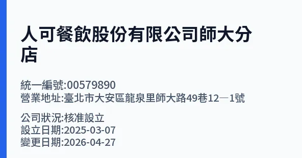 人可餐飲股份有限公司師大分店的照片-統編 00579890(臺北市) 公司登記資料與營業項目詳細圖表