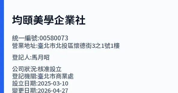 均頤美學企業社的照片-統編 00580073(臺北市) 公司登記資料與營業項目詳細圖表