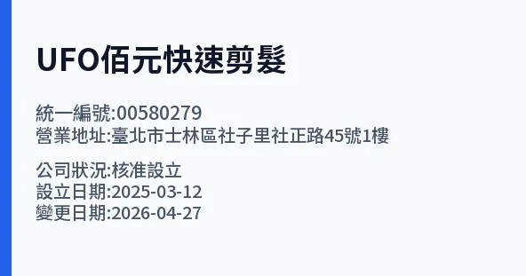 UFO佰元快速剪髮的照片-統編 00580279(臺北市) 公司登記資料與營業項目詳細圖表