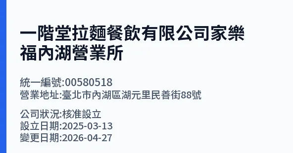 一階堂拉麵餐飲有限公司家樂福內湖營業所的照片-統編 00580518(臺北市) 公司登記資料與營業項目詳細圖表