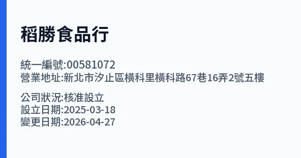 稻勝食品行的照片-統編 00581072(新北市) 公司登記資料與營業項目詳細圖表