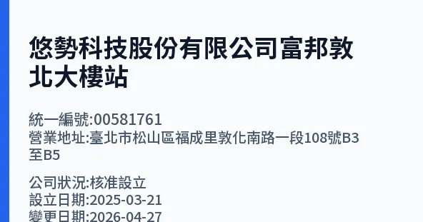 悠勢科技股份有限公司富邦敦北大樓站的照片-統編 00581761(臺北市) 公司登記資料與營業項目詳細圖表
