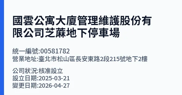 國雲公寓大廈管理維護股份有限公司芝蔴地下停車場的照片-統編 00581782(臺北市) 公司登記資料與營業項目詳細圖表