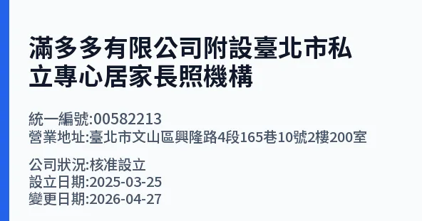 滿多多有限公司附設臺北市私立專心居家長照機構的照片-統編 00582213(臺北市) 公司登記資料與營業項目詳細圖表
