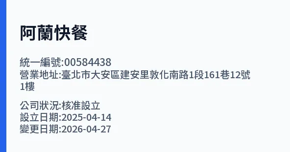 阿蘭快餐的照片-統編 00584438(臺北市) 公司登記資料與營業項目詳細圖表
